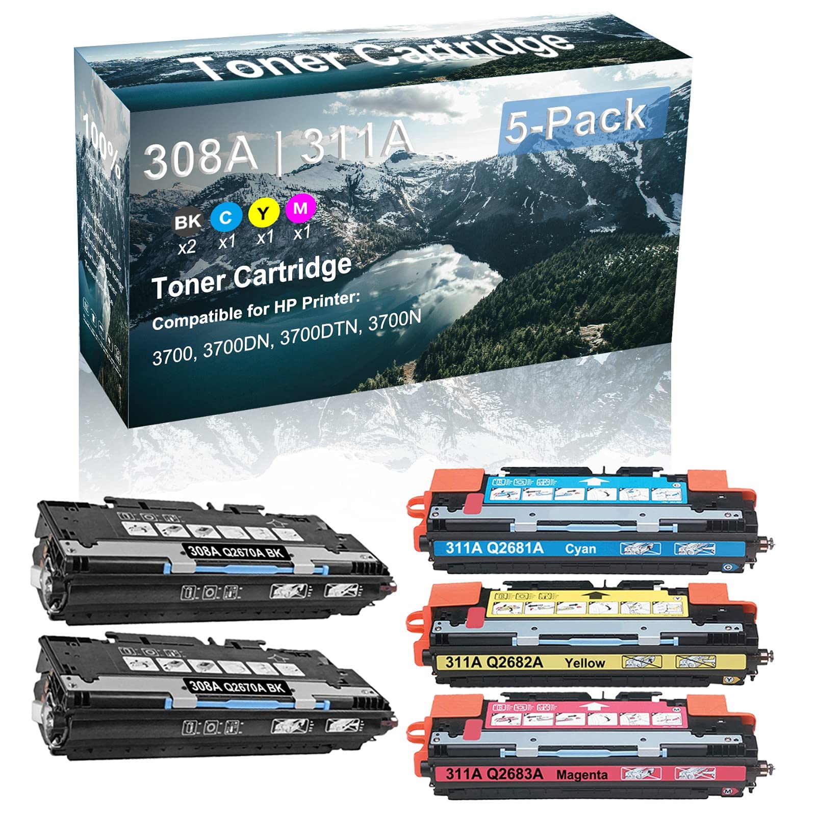 5-Pack (2BK+C+Y+M) Compatible High Capacity 308A 311A | Q2670A Q2681A Q2682A Q2683A Toner Cartridge use for HP 3700 3700DN 3700DTN 3700N Printer