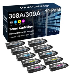 10-pack (4bk+2c+2y+2m) compatible high yield 308a 309a (q2670a q2671a q2672a q2673a) toner cartridge used for hp 3500 3500n 3550 3550n printer