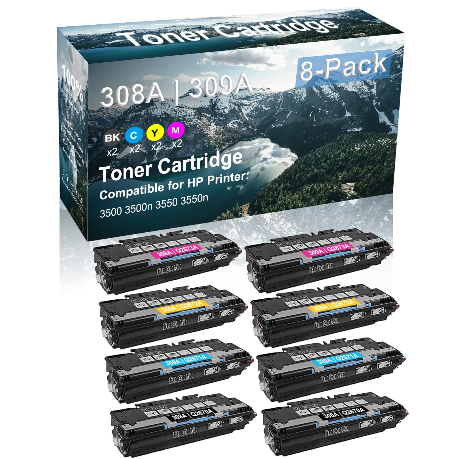 8-Pack (2BK+2C+2Y+2M) Compatible High Capacity 308A 309A | Q2670A Q2671A Q2672A Q2673A Toner Cartridge use for HP 3500 3500n 3550 3550n Printer