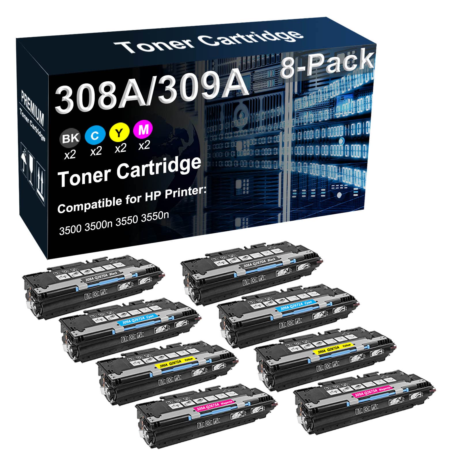 8-Pack (2BK+2C+2Y+2M) Compatible High Yield 308A 309A (Q2670A Q2671A Q2672A Q2673A) Toner Cartridge Used for HP 3500 3500n 3550 3550n Printer (Texts-Clear)