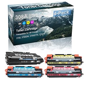 4-pack (bk+c+y+m) compatible 3700 3700dn 3700dtn 3700n printer toner cartridge high capacity replacement for hp 308a 311a | q2670a q2681a q2682a q2683a toner cartridge