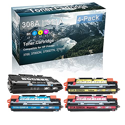 4-Pack (BK+C+Y+M) Compatible 3700 3700DN 3700DTN 3700N Printer Toner Cartridge High Capacity Replacement for HP 308A 311A | Q2670A Q2681A Q2682A Q2683A Toner Cartridge