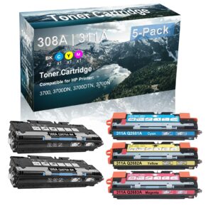 5-pack (2bk+c+y+m) compatible 3700 3700dn 3700dtn 3700n printer toner cartridge high capacity replacement for hp 308a 311a | q2670a q2681a q2682a q2683a toner cartridge