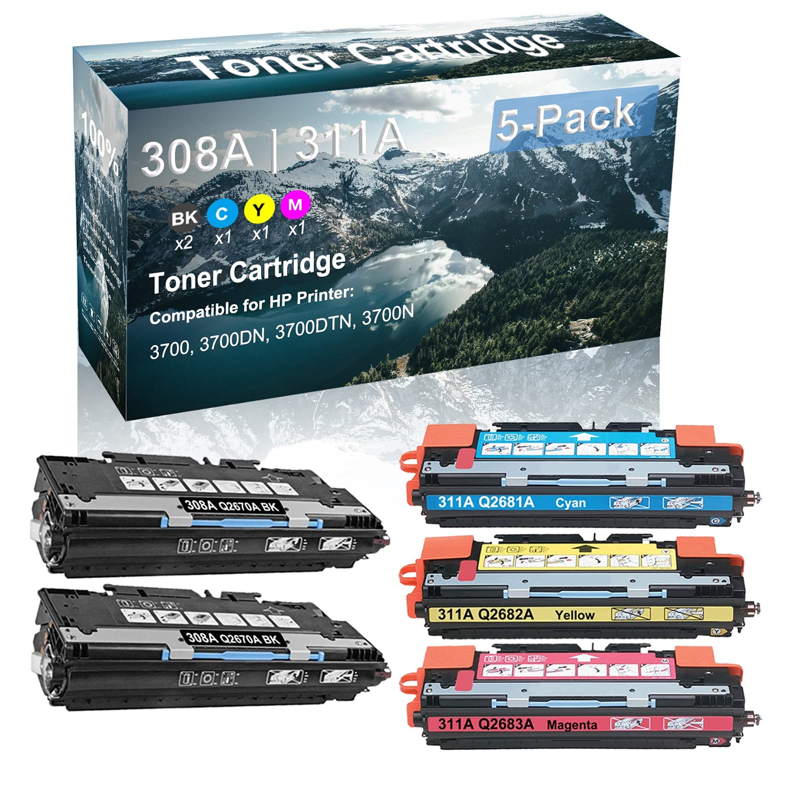 5-Pack (2BK+C+Y+M) Compatible 3700 3700DN 3700DTN 3700N Printer Toner Cartridge High Capacity Replacement for HP 308A 311A | Q2670A Q2681A Q2682A Q2683A Toner Cartridge