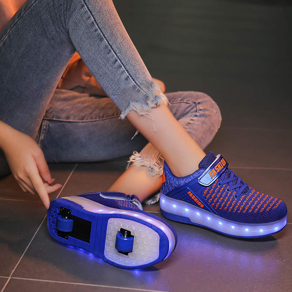 Qneic Kids Roller Shoes USB Charging Double Wheels Skate Shoes for Boys Girls Sneakers Outdoor Sports Shoes LED Lights up Skates Size 3.5 Blue