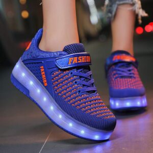 Qneic Kids Roller Shoes USB Charging Double Wheels Skate Shoes for Boys Girls Sneakers Outdoor Sports Shoes LED Lights up Skates Size 3.5 Blue