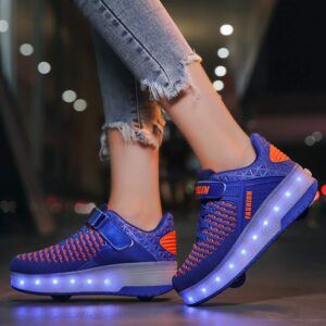 Qneic Kids Roller Shoes USB Charging Double Wheels Skate Shoes for Boys Girls Sneakers Outdoor Sports Shoes LED Lights up Skates Size 3.5 Blue