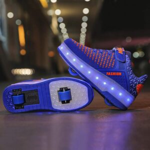 Qneic Kids Roller Shoes USB Charging Double Wheels Skate Shoes for Boys Girls Sneakers Outdoor Sports Shoes LED Lights up Skates Size 3.5 Blue