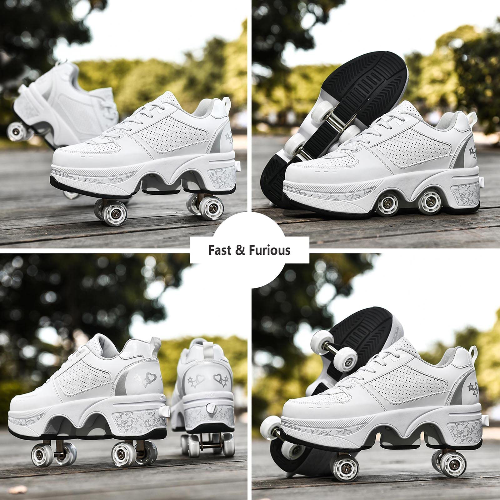 Roller Skate Shoes for Women Four Rounds Children's Roller Skates Shoes That Turn into Rollerskates Sneakers Outdoor Light Shoes with Wheels for Girls/Boys (White Silver, US 8.5)