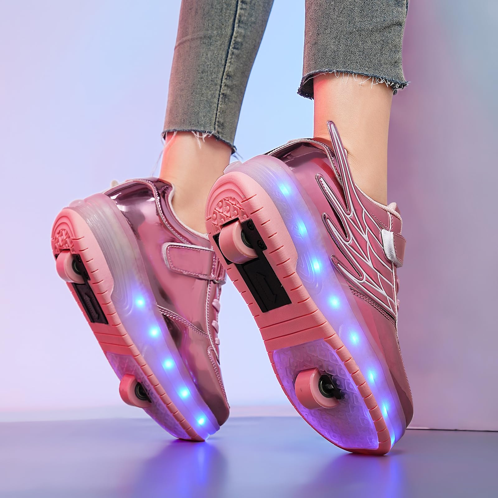 HOVERKICKES LED Roller Skate Shoes for Kids Boys Girls Light Up Roller Sneakers with Detachable Wheels Rechargeable Flashing Wheeled Shoes Pink