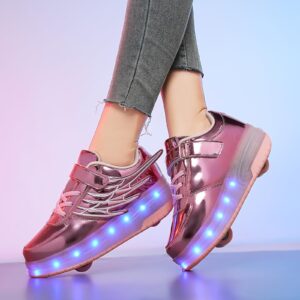 HOVERKICKES LED Roller Skate Shoes for Kids Boys Girls Light Up Roller Sneakers with Detachable Wheels Rechargeable Flashing Wheeled Shoes Pink