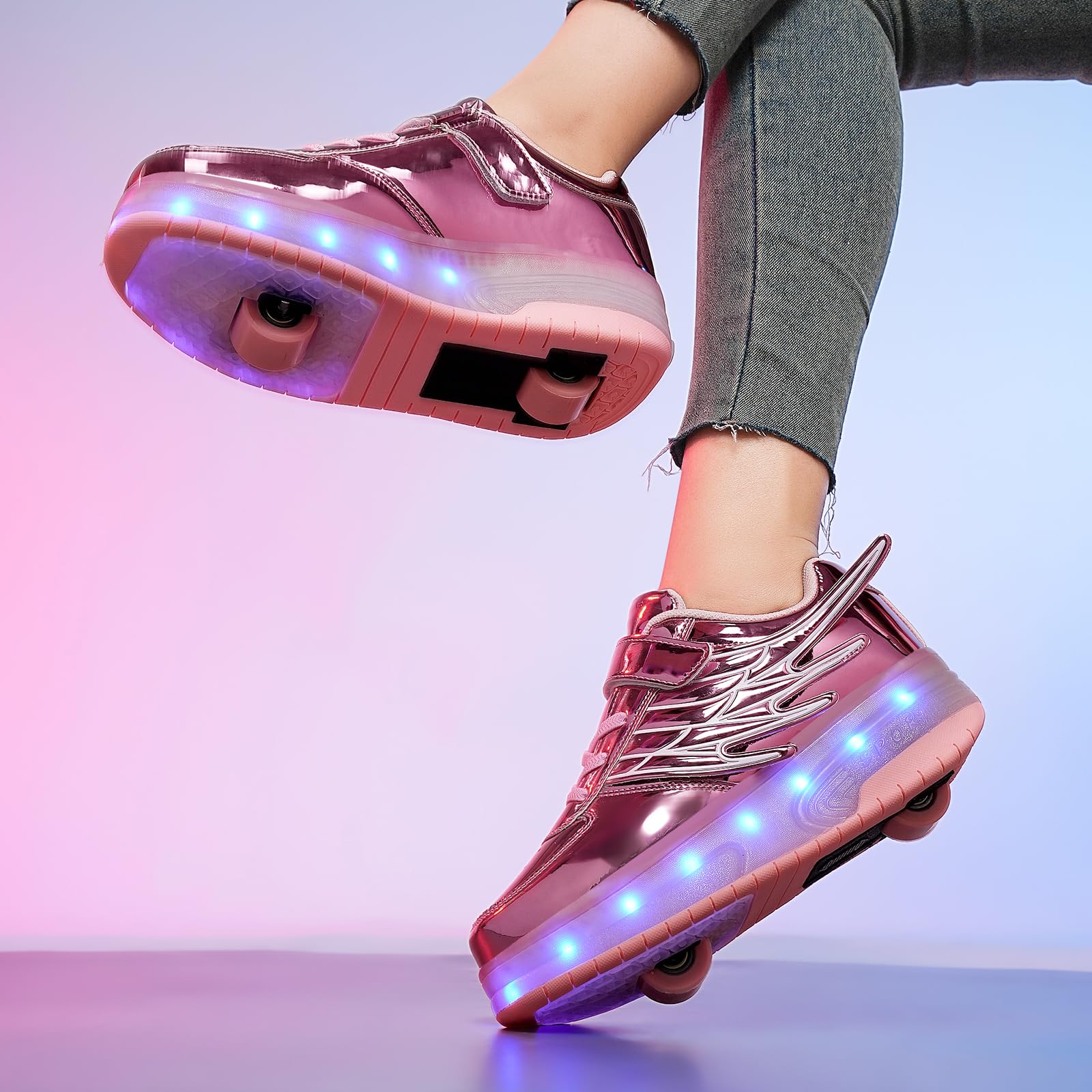 HOVERKICKES LED Roller Skate Shoes for Kids Boys Girls Light Up Roller Sneakers with Detachable Wheels Rechargeable Flashing Wheeled Shoes Pink