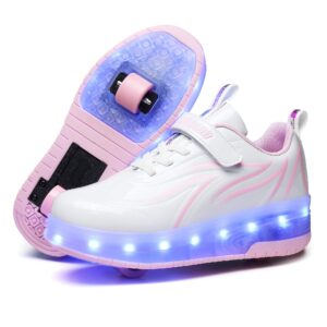 hhsts kids shoes with wheels led light color shoes shiny roller skates skate shoes simple kids gifts boys girls the best gift for party birthday christmas day(3 little kid,white pink)