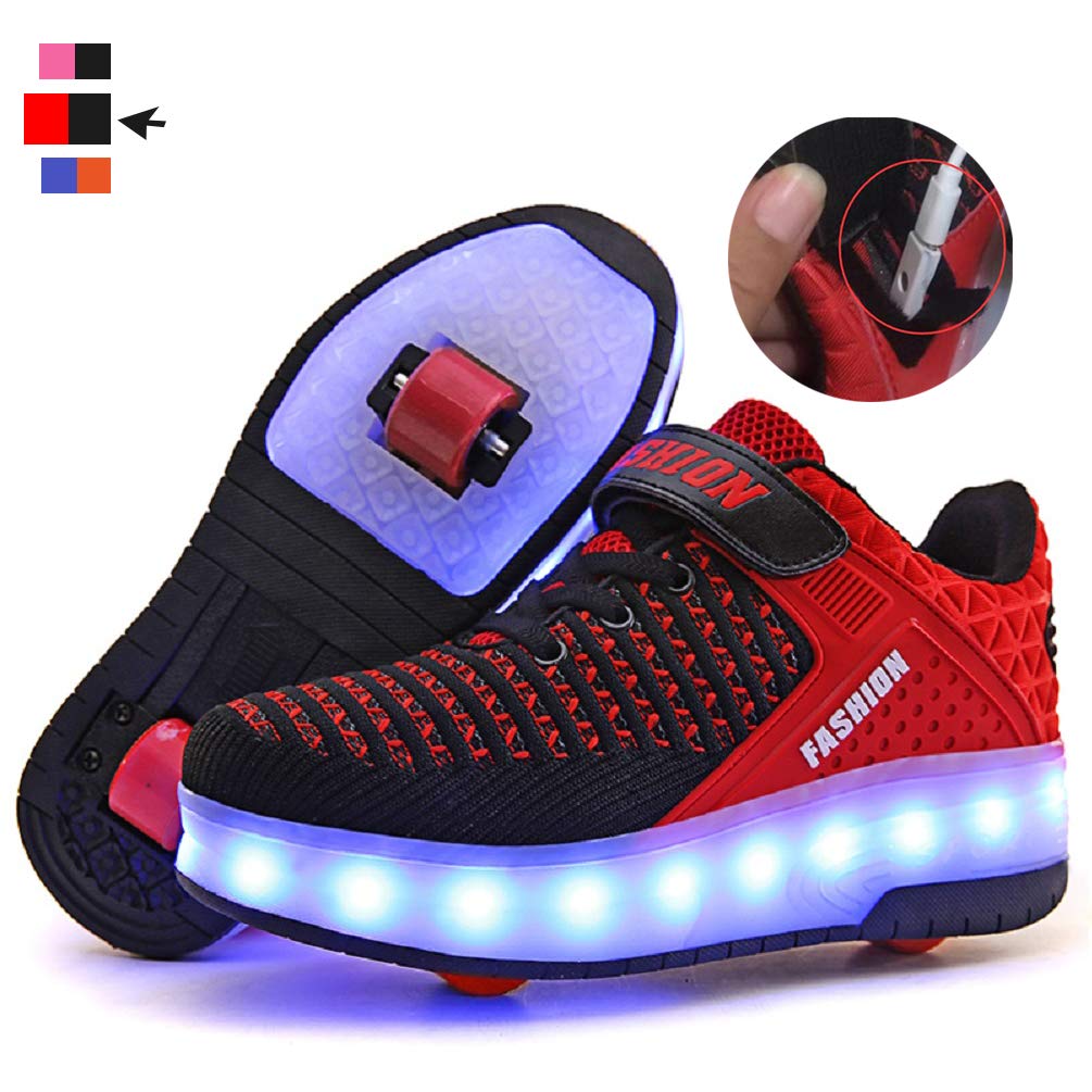 Ufatansy LED Shoes USB Charging Flashing Sneakers Light Up Roller Shoes Skates Sneakers with Wheels for Kids Girls Boys(4 M US =CN36, Double Wheel, Red)