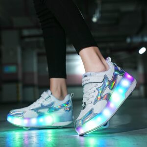 BFOEL Girls Roller Skates Light up Shoes Roller Shoes USB Charge Girls Boys Sneakers with Wheels LED Roller Skates Shoes(5.5 Big Kid White Silver 37)