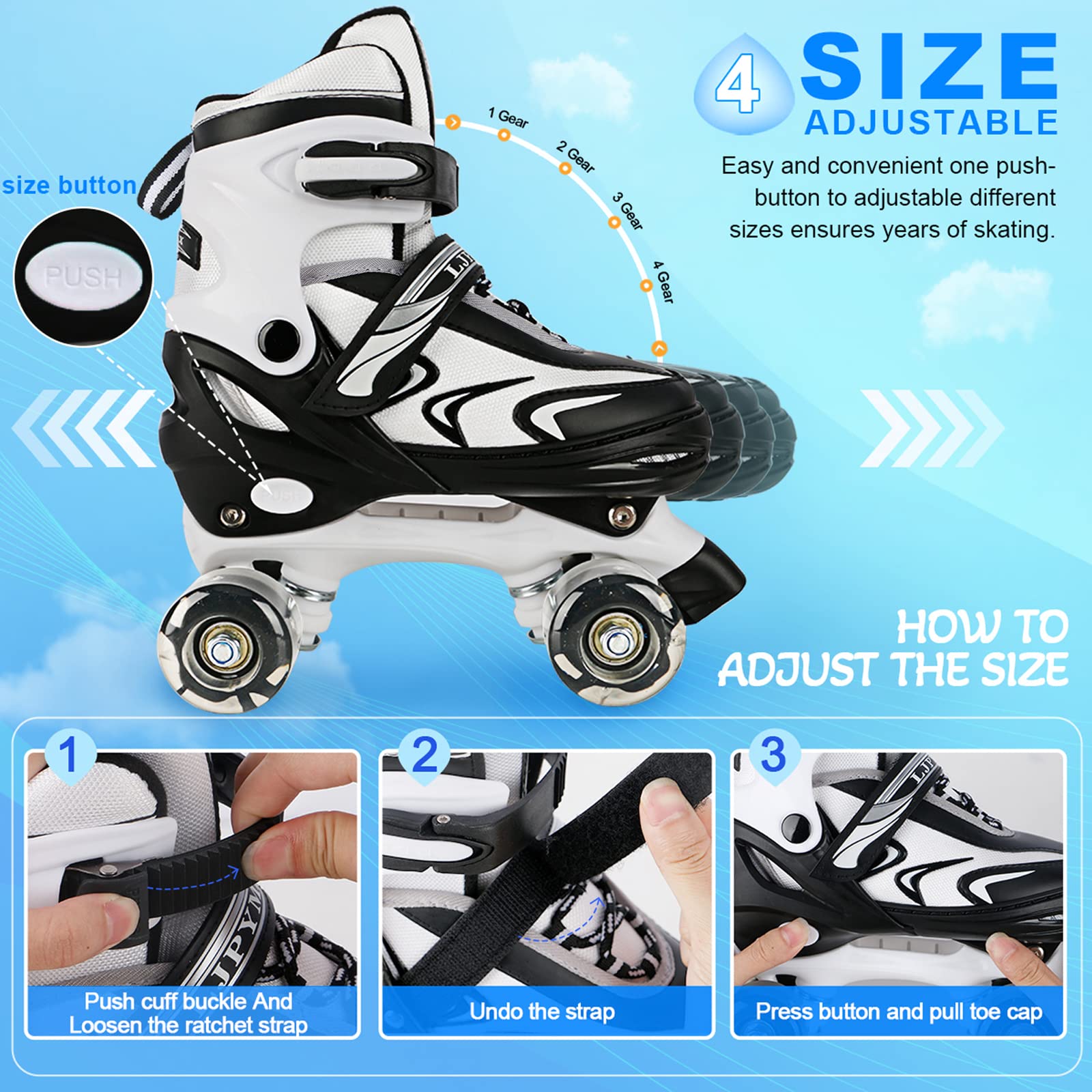 ZHUKAIKJ Roller Skates for Boys and Girls Adjustable Roller Skates for Toddler Kids Roller Skates 4 Sizes with Light up Wheels, for Women and Men, Small