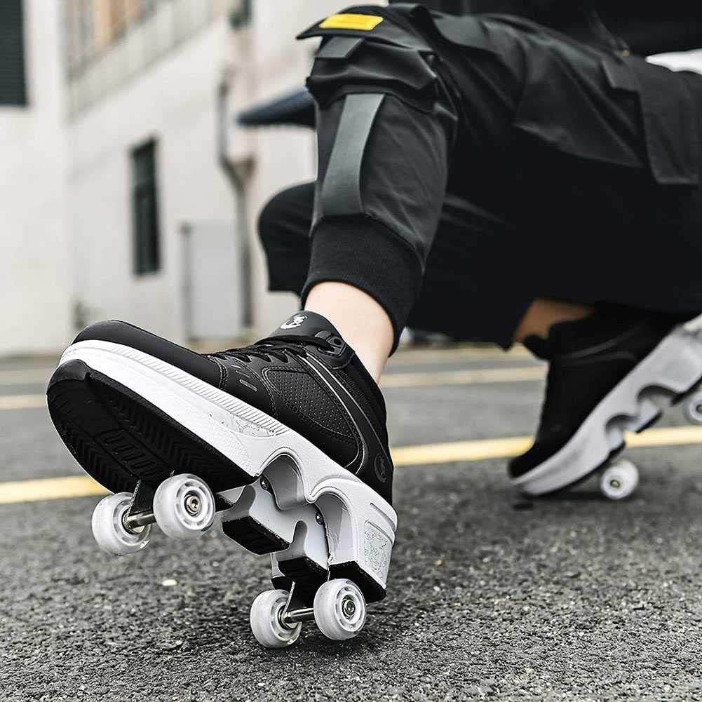 Roller Skates for Women Men Outdoor,2 in1 Parkour Shoes with Wheels for Girls/Boys,Double Row Deform Kick Roller Shoes Retractable Adults/Kids,Quad Roller Skates,Skating Shoes Recreation Sneakers