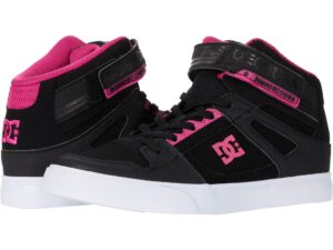 dc girls pure high-top ev youth skate shoe, black/pink/black, 4 big kid us