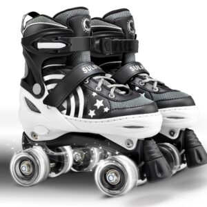 sulifeel rainbow unicorn 4 size adjustable light up roller skates for girls boys for kids (e black, small - little kid)