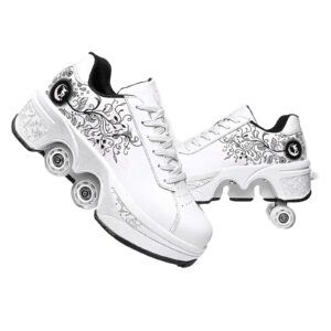 jzyun clock double-row deformation skates, multifunctional roller shoes,pulley& outdoor sneakers 2-in-1 shoes, automatic walking shoes with 4 retractable wheels for adult children