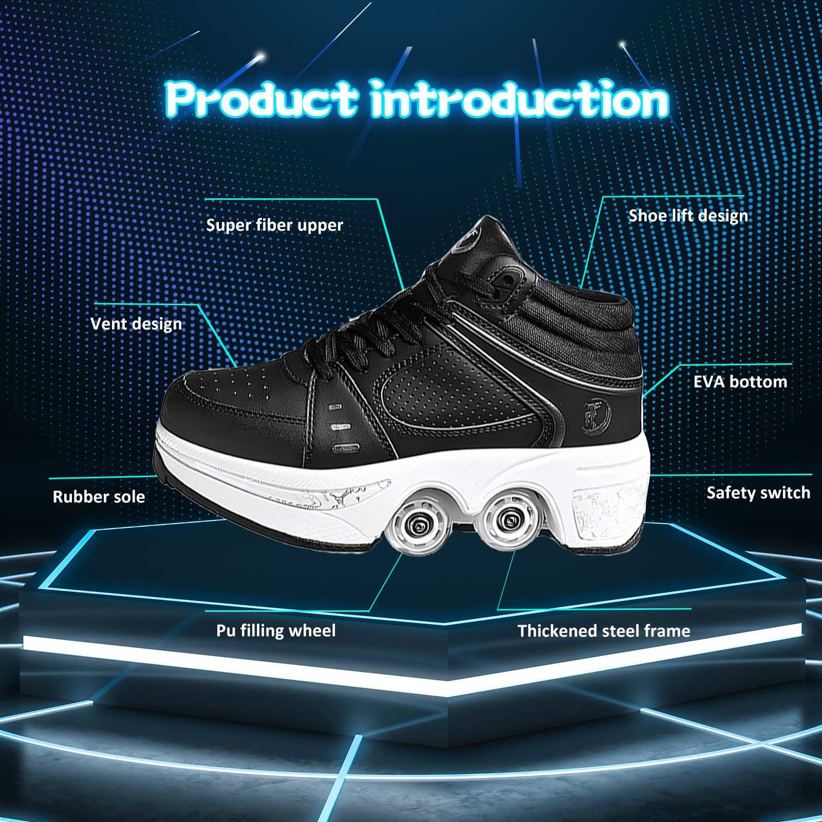 Outdoor Deformation Children's Roller Skate Shoes, Adjustable Four Rounds Rollerskates for Women, Invisible Automatic Retractable Pulley Roller Shoes for Adult Male Female Unisex