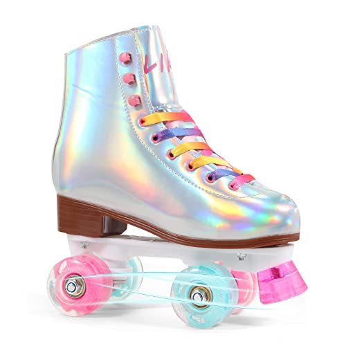 LIKU Quad Roller Skates for Girl and Women with All Wheel Light Up,Indoor/Outdoor Lace-Up Fun Illuminating Roller Skate for Kid (Shiny, J12-J13)