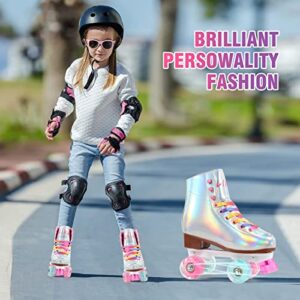 LIKU Quad Roller Skates for Girl and Women with All Wheel Light Up,Indoor/Outdoor Lace-Up Fun Illuminating Roller Skate for Kid (Shiny, J12-J13)