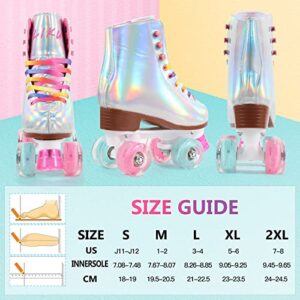 LIKU Quad Roller Skates for Girl and Women with All Wheel Light Up,Indoor/Outdoor Lace-Up Fun Illuminating Roller Skate for Kid (Shiny, J12-J13)