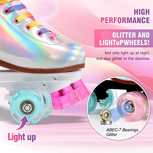 LIKU Quad Roller Skates for Girl and Women with All Wheel Light Up,Indoor/Outdoor Lace-Up Fun Illuminating Roller Skate for Kid (Shiny, J12-J13)