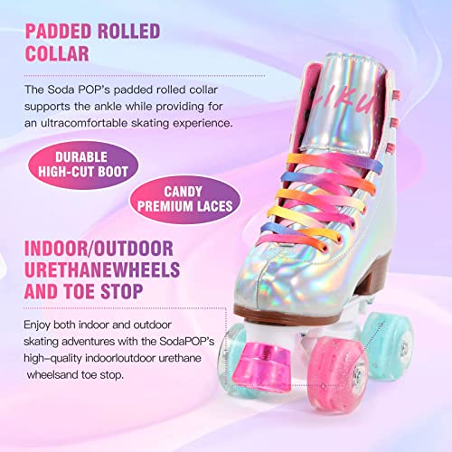 LIKU Quad Roller Skates for Girl and Women with All Wheel Light Up,Indoor/Outdoor Lace-Up Fun Illuminating Roller Skate for Kid (Shiny, J12-J13)