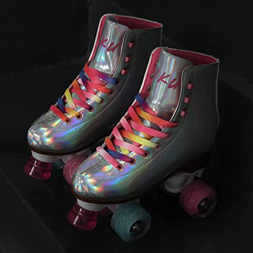 LIKU Quad Roller Skates for Girl and Women with All Wheel Light Up,Indoor/Outdoor Lace-Up Fun Illuminating Roller Skate for Kid (Shiny, J12-J13)