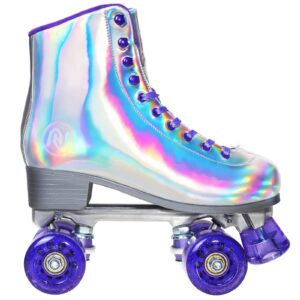 jajahoho roller skates for women, holographic high top pu leather rollerskates, purple shiny double-row four wheels quad skates, age 8-50 indoor outdoor, silver, aluminum trucks baseplate, size 8