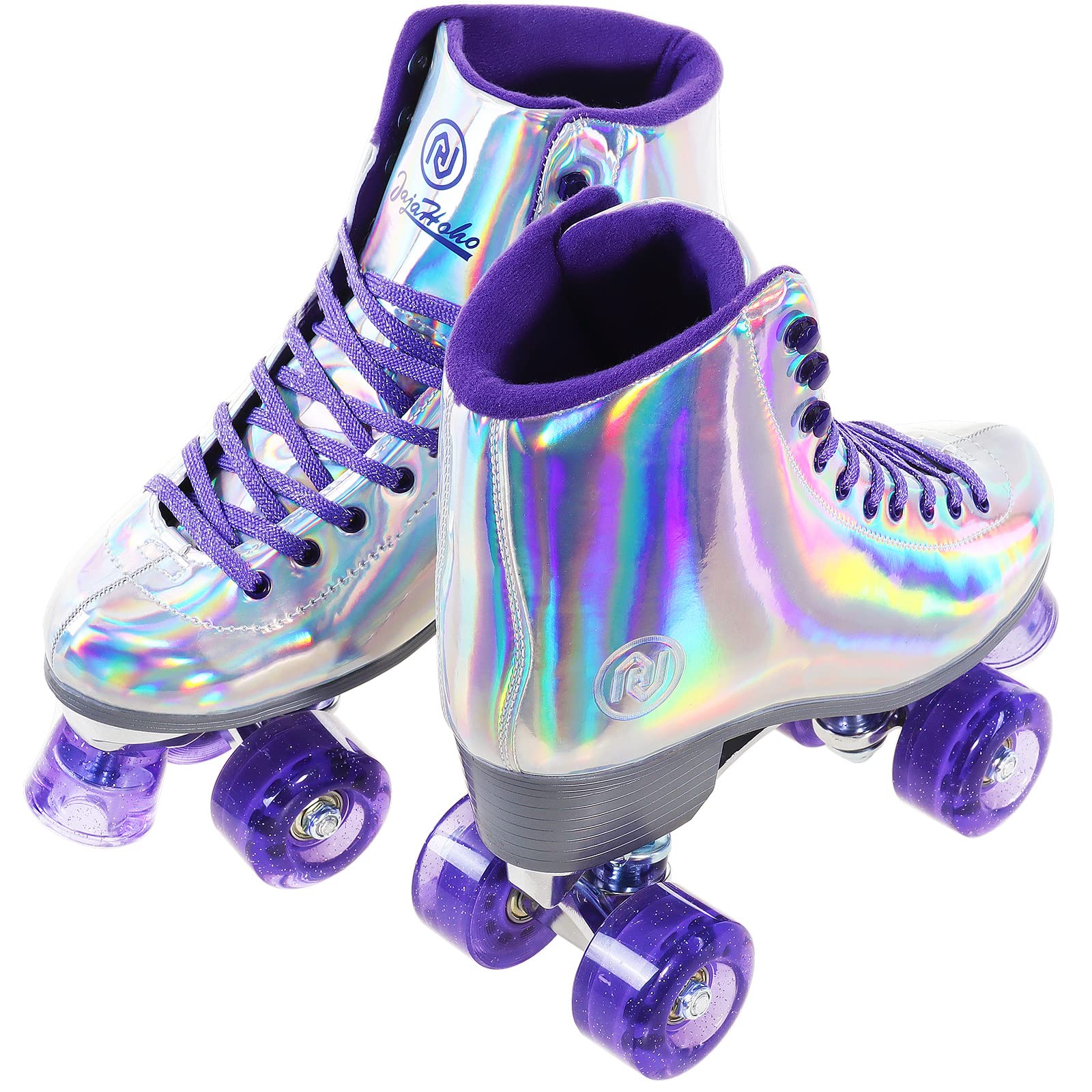 JajaHoho Roller Skates for Women, Holographic High Top PU Leather Rollerskates, Purple Shiny Double-Row Four Wheels Quad Skates, Age 8-50 Indoor Outdoor, Silver, Aluminum Trucks Baseplate, Size 8