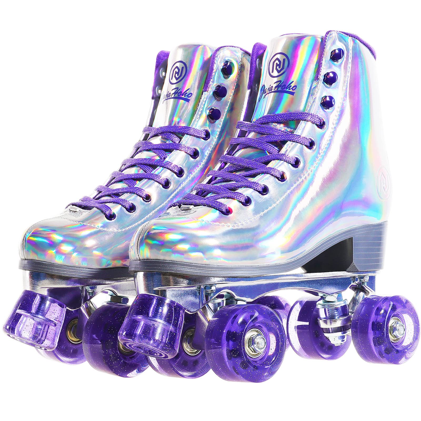 JajaHoho Roller Skates for Women, Holographic High Top PU Leather Rollerskates, Purple Shiny Double-Row Four Wheels Quad Skates, Age 8-50 Indoor Outdoor, Silver, Aluminum Trucks Baseplate, Size 8