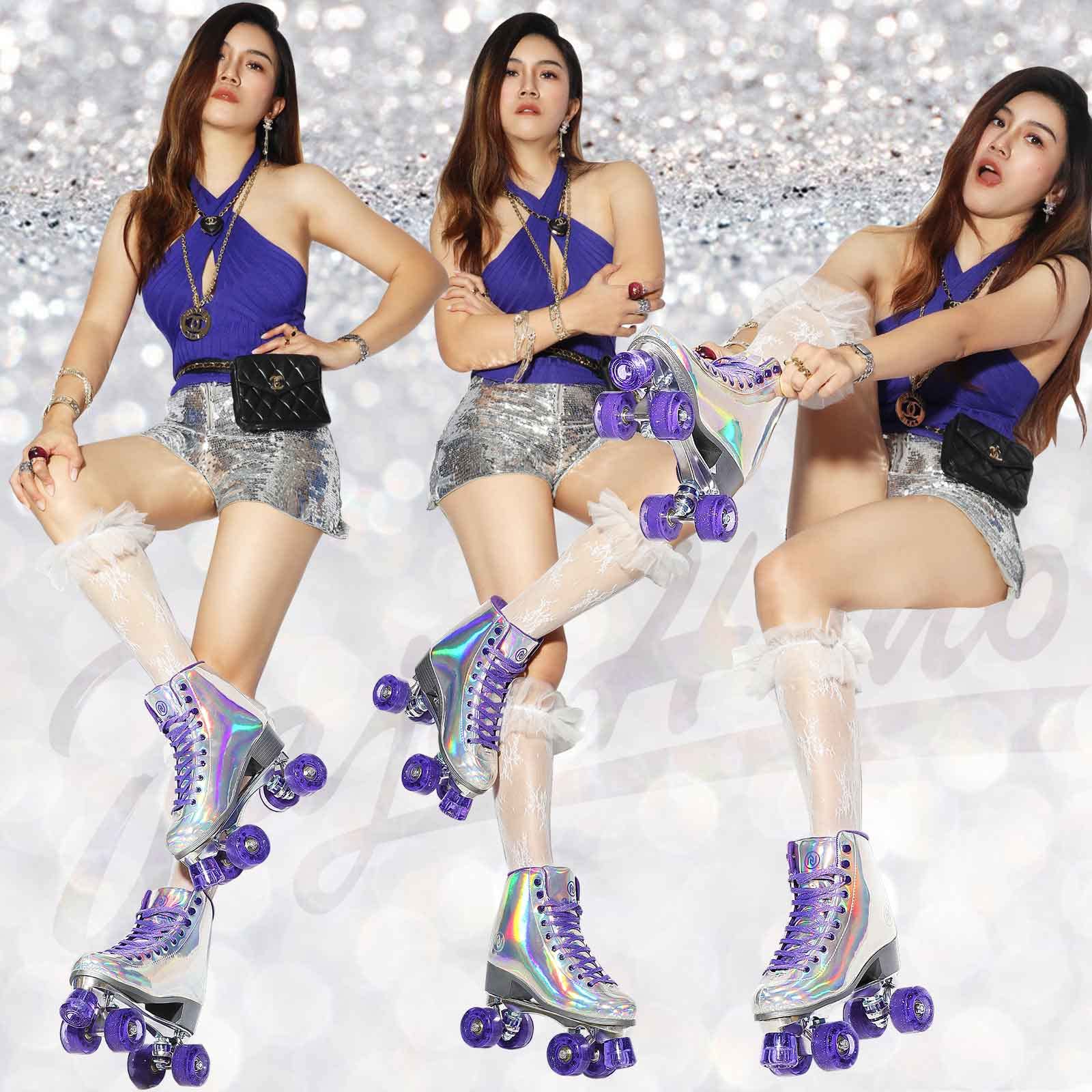 JajaHoho Roller Skates for Women, Holographic High Top PU Leather Rollerskates, Purple Shiny Double-Row Four Wheels Quad Skates, Age 8-50 Indoor Outdoor, Silver, Aluminum Trucks Baseplate, Size 8