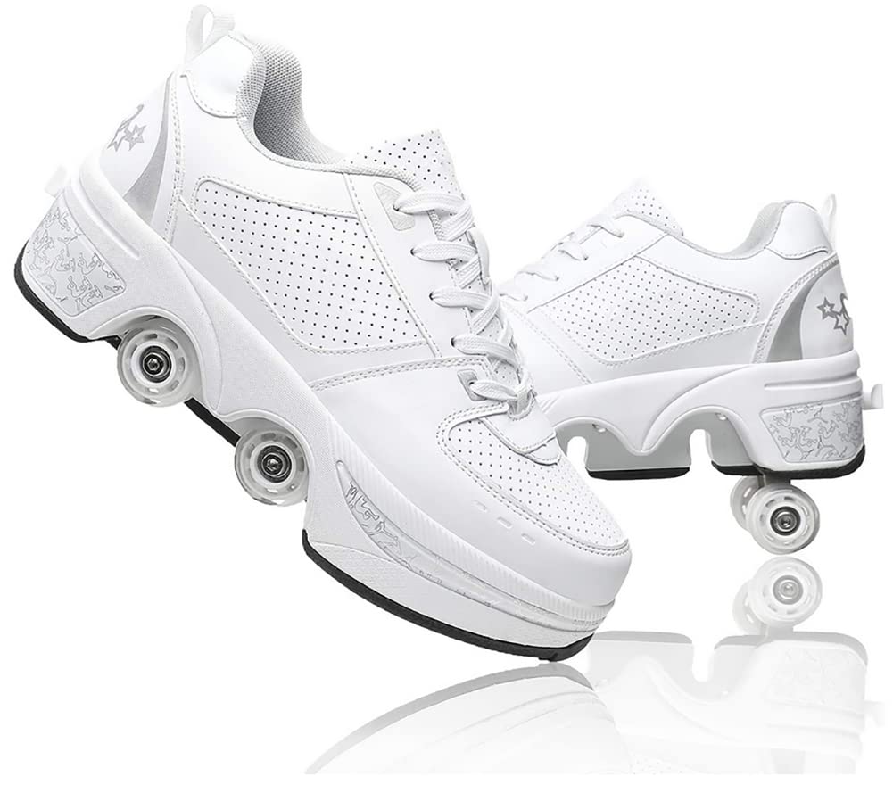 Deformation Roller Shoes Male and Female Skating Shoes Quad Roller Skates Kick Rollers Shoes Retractable Adults/Kids,Invisible Pulley Shoes Skates with Double-Row Outdoor Sneakers