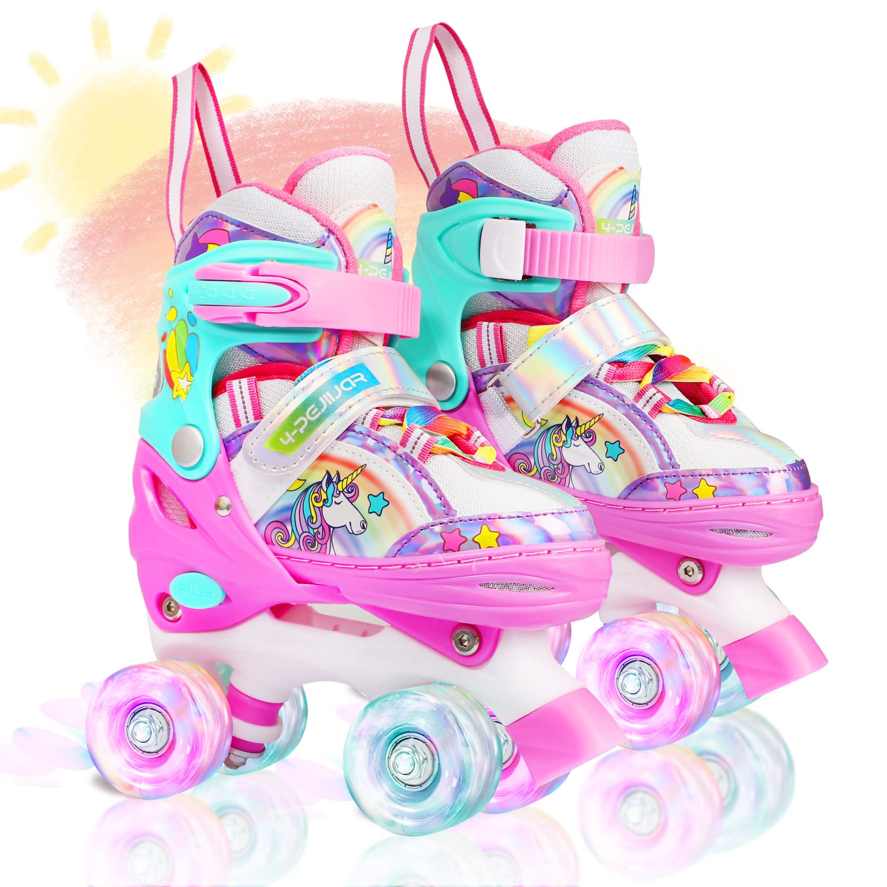 Rainbow Unicorn Kids Roller Skates for Girls Boys Toddler Ages 2-4,4-Pejiijar Adjustable Roller Shoes with Luminous Wheels for Birthday Xmas Gifts.