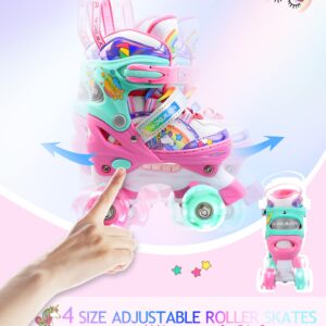 Rainbow Unicorn Kids Roller Skates for Girls Boys Toddler Ages 2-4,4-Pejiijar Adjustable Roller Shoes with Luminous Wheels for Birthday Xmas Gifts.