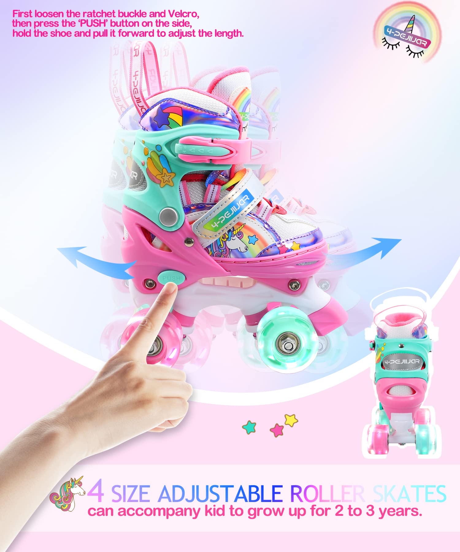 Rainbow Unicorn Kids Roller Skates for Girls Boys Toddler Ages 2-4,4-Pejiijar Adjustable Roller Shoes with Luminous Wheels for Birthday Xmas Gifts.