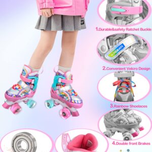 Rainbow Unicorn Kids Roller Skates for Girls Boys Toddler Ages 2-4,4-Pejiijar Adjustable Roller Shoes with Luminous Wheels for Birthday Xmas Gifts.