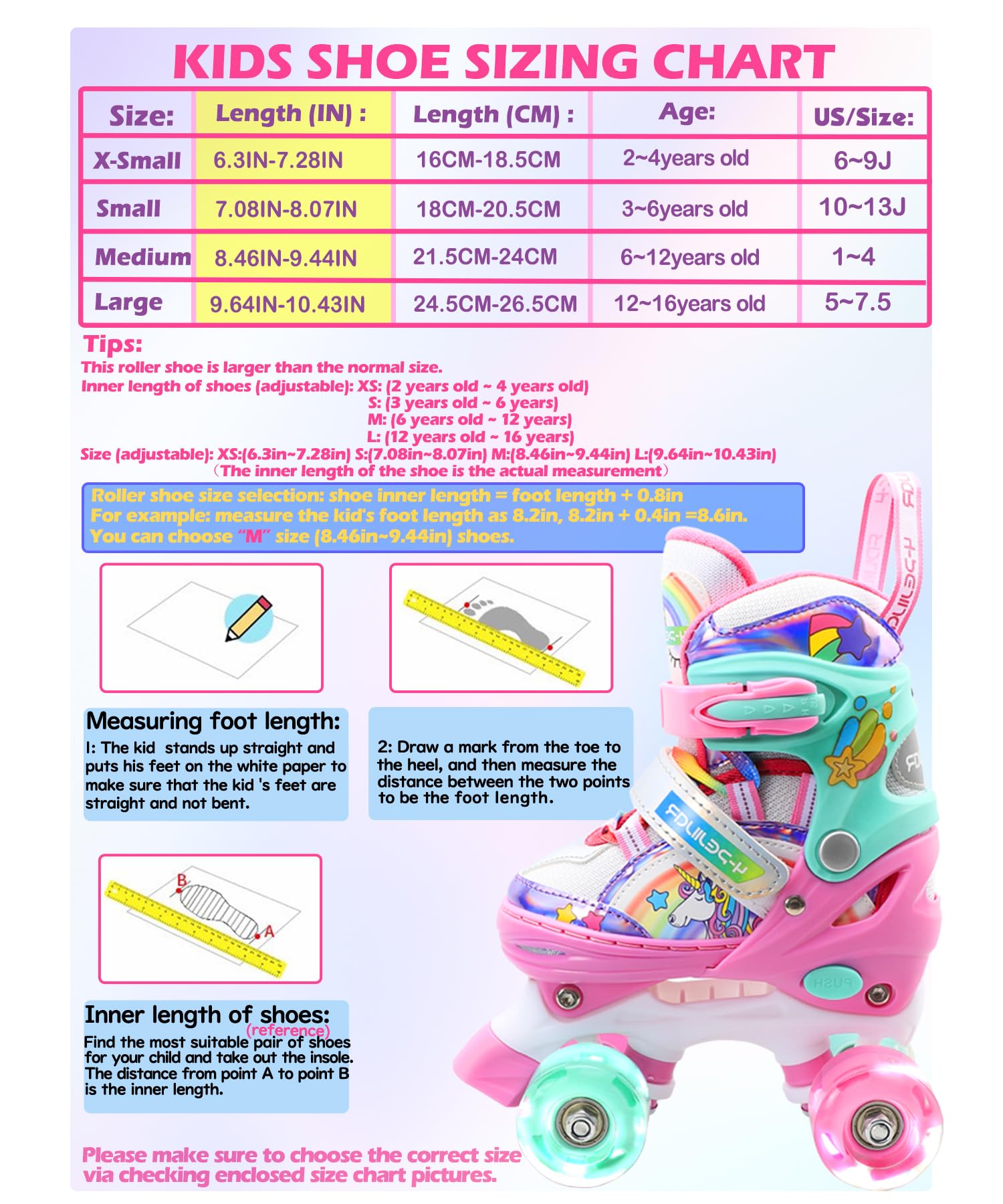 Rainbow Unicorn Kids Roller Skates for Girls Boys Toddler Ages 2-4,4-Pejiijar Adjustable Roller Shoes with Luminous Wheels for Birthday Xmas Gifts.