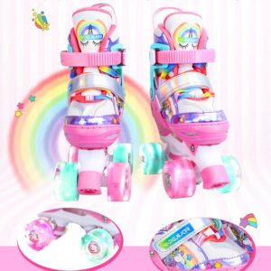 Rainbow Unicorn Kids Roller Skates for Girls Boys Toddler Ages 2-4,4-Pejiijar Adjustable Roller Shoes with Luminous Wheels for Birthday Xmas Gifts.