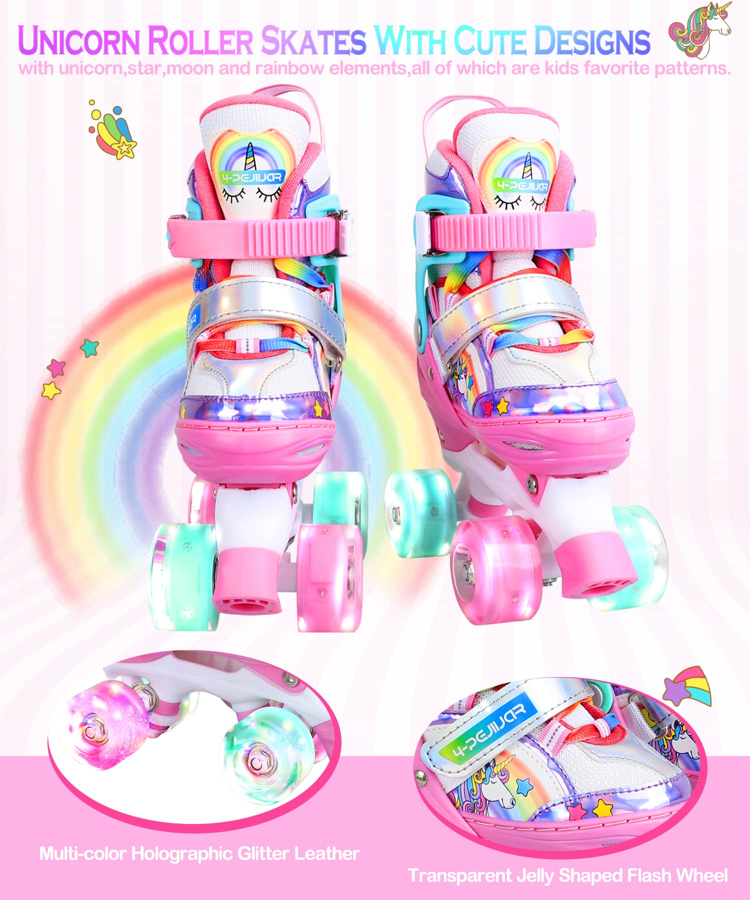 Rainbow Unicorn Kids Roller Skates for Girls Boys Toddler Ages 2-4,4-Pejiijar Adjustable Roller Shoes with Luminous Wheels for Birthday Xmas Gifts.