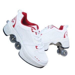 deform wheel double row sneakers 4 wheels breathable skates roller shoes automatic walking invisible pulley deformation roller (white red, 31)