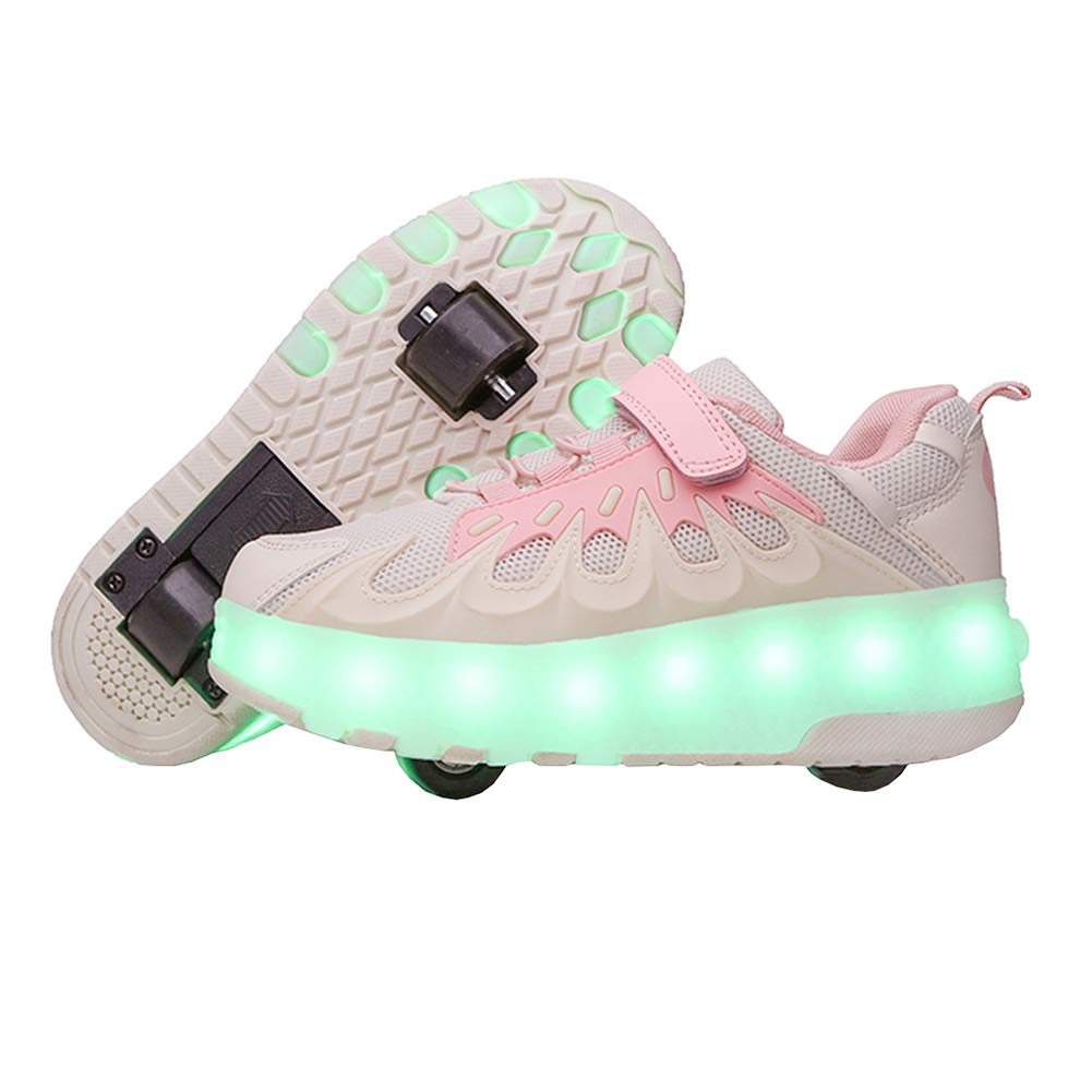 XinYiQu Kids USB Charging Led Light Up Shoes Breathable Mesh Double Wheels Roller Skate Shoes Sneakers for Boys Girls 6.5 M US Big Kid,Pink