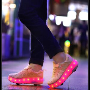 XinYiQu Kids USB Charging Led Light Up Shoes Breathable Mesh Double Wheels Roller Skate Shoes Sneakers for Boys Girls 6.5 M US Big Kid,Pink