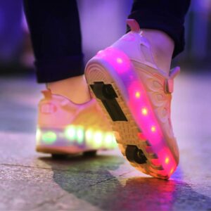 XinYiQu Kids USB Charging Led Light Up Shoes Breathable Mesh Double Wheels Roller Skate Shoes Sneakers for Boys Girls 6.5 M US Big Kid,Pink