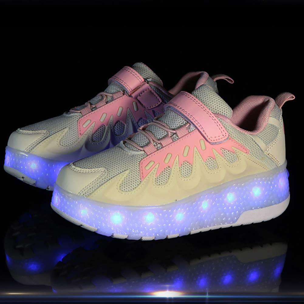 XinYiQu Kids USB Charging Led Light Up Shoes Breathable Mesh Double Wheels Roller Skate Shoes Sneakers for Boys Girls 6.5 M US Big Kid,Pink