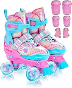 sportneer kids roller skates, roller skates with protective gear set, adjustable roller skates with 8 light up wheels, for girls kids youth beginner indoor & outdoor use (1pair)