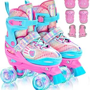 Sportneer Kids Roller Skates, Roller Skates with Protective Gear Set, Adjustable Roller Skates with 8 Light up Wheels, for Girls Kids Youth Beginner Indoor & Outdoor Use (1pair)